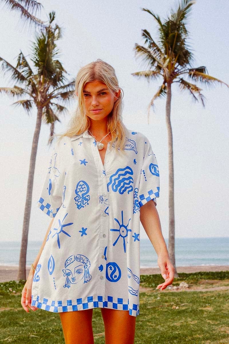 Blue Bae Ocean Print Shirt Dress | Coastal Print Shirt Dress | Hali ...